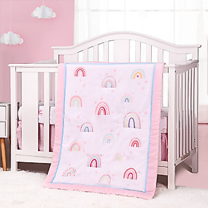 Honkaii Boho Rainbow 3-Piece Crib Bedding Set, Baby Nursery Bedding Sets Including Crib Quilt, Crib Skirt, Crib Sheet, Pink Crib Sets for Girls