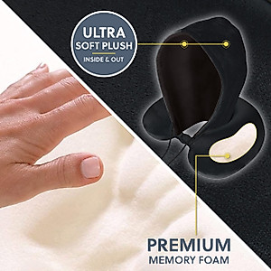 High Sierra, Hooded Travel Pillow, Blocks Cold drafts, Use Also as Light Blocker, Pure Soft Memory Foam, Provides Exceptional Neck Support, ONE SNAP Closure, Black