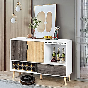 COSTWAY Buffet Sideboard, Coffee Bar Cabinet with 10-Bottle Wine Rack, Glass Holder, Door Cabinet & Drawer, 5 Solid Wood Leg Support, for Kitchen, Living Room
