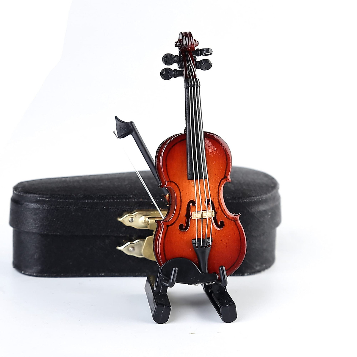 Dselvgvu Wooden Miniature Violin with Stand, Bow and Case Mini Musical Instrument Violin Replica Collectible Figurines Dollhouse Accessories Model Home Decoration Display Ornament (3.15"x1.18"x0.59")
