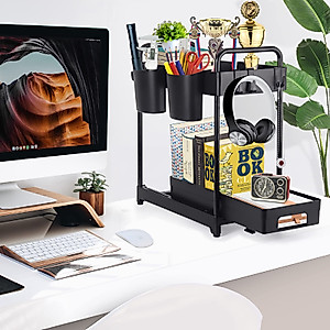 SYSAMA 2-Tier Under Sink Organizer, 2 Pack Kitchen Bathroom Sliding Under Cabinet Storage Drawer Organizer with Hooks, Hanging Cup, Handles, Multi-Purpose Under Cabinet Organizer