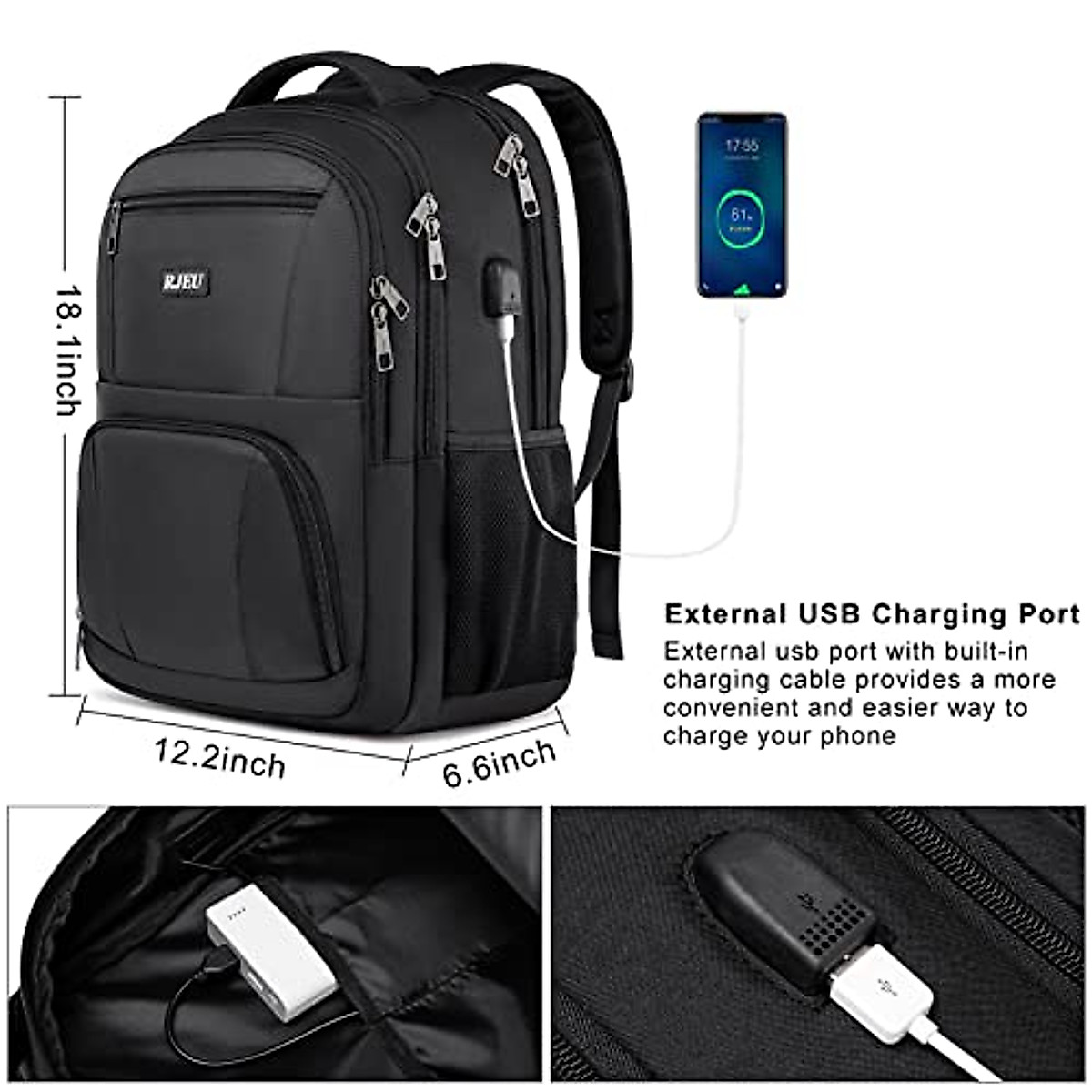 RJEU Laptop Backpack for Men, School Backpack for Teens, College Students, with 15.6 inch Laptop Sleeve, Large Travel Computer Rucksack with 3 Compartments, Ergonomic Straps - Bookbag Black