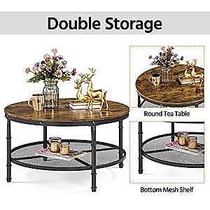Yaheetech 35.5 inch Round Coffee Table, 2-Tier Rustic Wood Coffee Table for Living Room, Industrial Center Table with Metal Frame and Wood Desktop,Easy Assembly, Rustic Brown