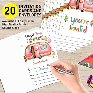 UDNADKEX Camping Birthday Invitations for Girls with Envelopes, Invites for Birthday Party Happy Camper, Glamping Camp Party Birthday Invitations Cards, Calling All Happy Campers, 4"x6" Set of 20
