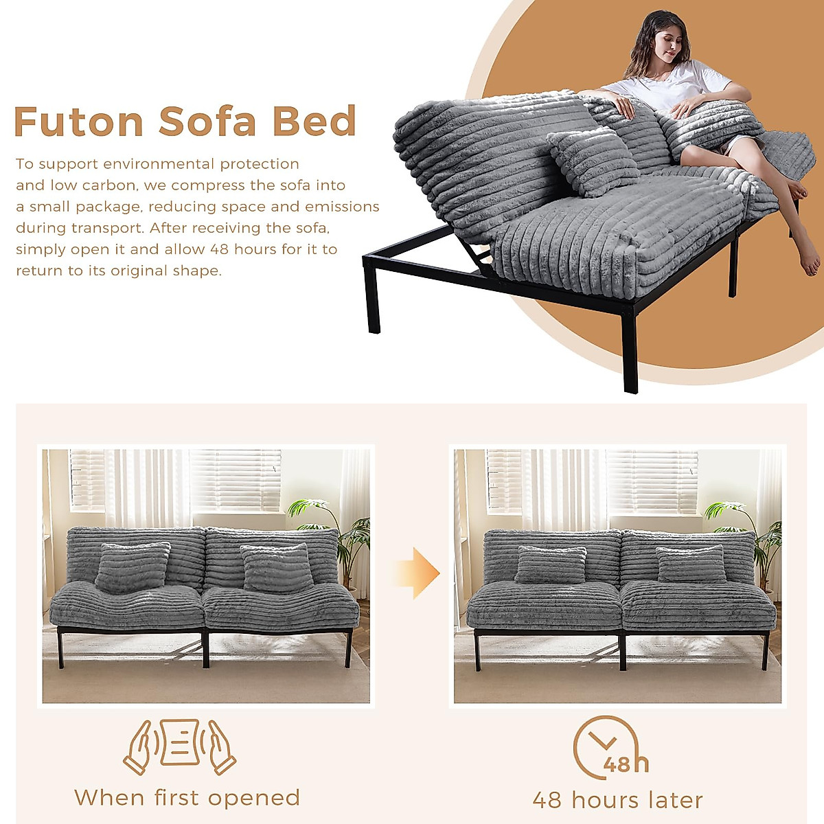 YOSHOOT Futon Sofa Bed Couch, Convertible Sleeper Sofa Bed, Adjustable Backrests Daybed Loveseat, Futon Couch for Living Room Bedroom, Grey