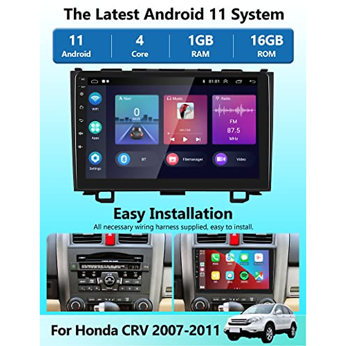 Car Stereo for Honda CRV 2007 2008 2009 2010 2011 with Wireless Apple Carplay, 9 Inch Touch Screen Android Car Radio with Backup Camera and External Microphone Support GPS Navigation, Mirror Link