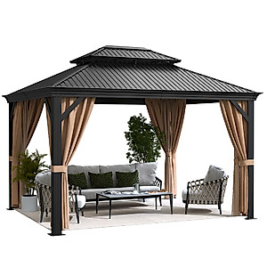 Flamaker Hardtop Gazebo 10' x 12' Aluminum Frame Outdoor Gazebo with Privacy Curtains and Gauze Mesh Sunshade Pavilion Double Roof Canopy for Patio, Lawn, Deck, Poolside