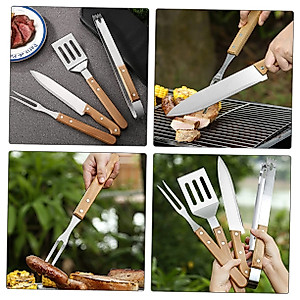 Happyyami 5 Sets barbecue and fork tools cooking grilling cutter kitchen dinnerware tools grilled serving fork bbq grill portable barbecue grill cutter heavy beef wooden handle travel