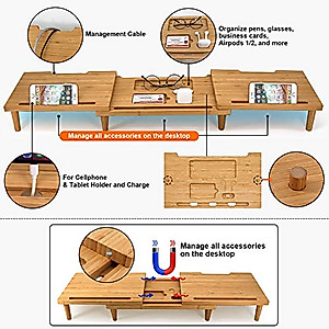 Pezin & Hulin Bamboo Dual Monitor Stand Riser for Desk Organizer, Adjustable Length and Angle Multi(1/2/3) Screen Stand, Office Wood Desktop Stand Storage for Computer, Laptop, PC, Printer, Notebook