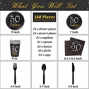 DECORLIFE 50th Birthday Plates and Napkins Serves 24, 50th Birthday Decorations for Men or Women, Cups, Knives, Forks, Spoons Included, Total 168pcs
