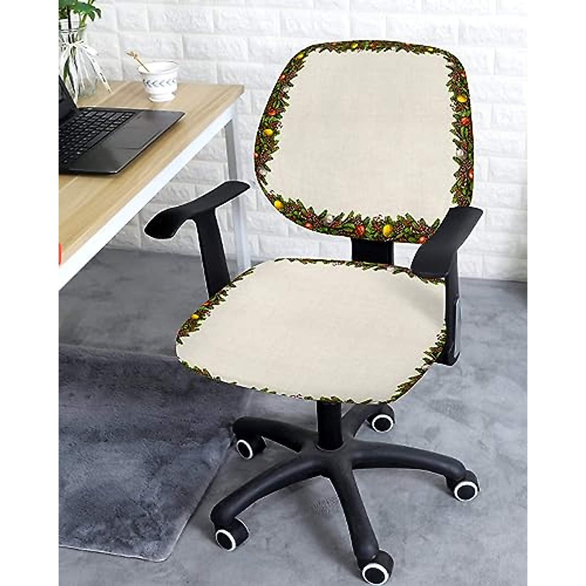 Stretch Printed Computer Office Chair Covers,Merry Christmas Tree Evergreen Trees Candy Cane Pine Cone Split Protective Desk Rotating Chair Slipcovers, Removable Spandex Chair Protector Cover