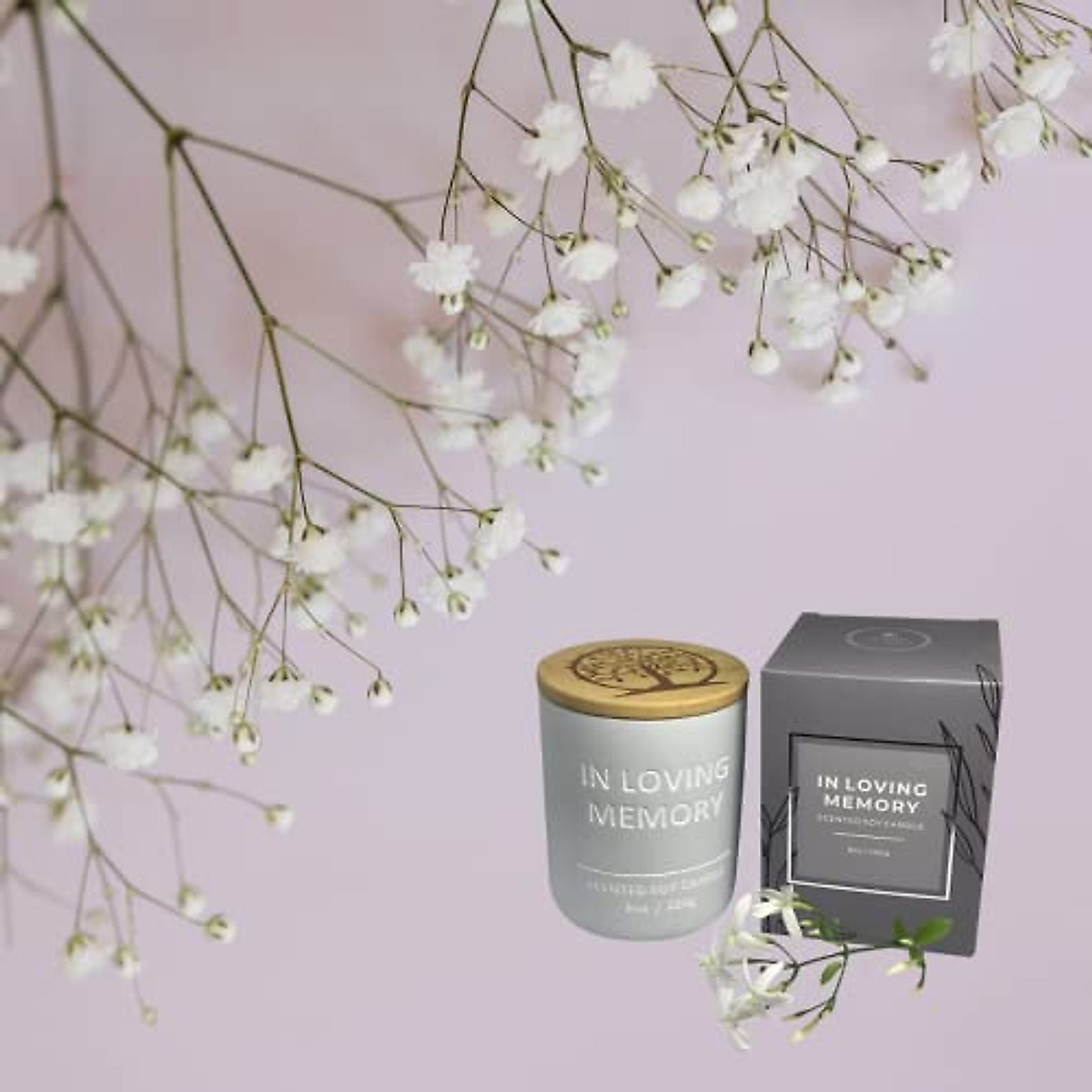 Sympathy Memorial Candle for Loss of Loved one. Natural Soy Wax Jasmine Scent Candle with Tree of Life lid. Remembrance Candle Gift Boxed with Card to Write a Personal Message of Condolence.