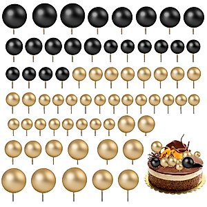 66 Pieces Black And Gold Cake Decorations Ball Cake Topper 4 Size Balloon Cake Topper Gold Cake Topper Balls Black Cake Balls Decorations for Birthday Party Wedding Anniversary Baby Shower(Gold,Black)
