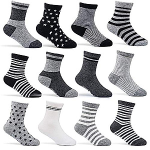 12-Pack Cotton Socks for Toddler Boys Girls Anti-Slip Ankle Socks for Baby Walkers Non-Skip Stretch Knit Stripes Star Assorted Cotton Socks with Grip for 16-36 Months