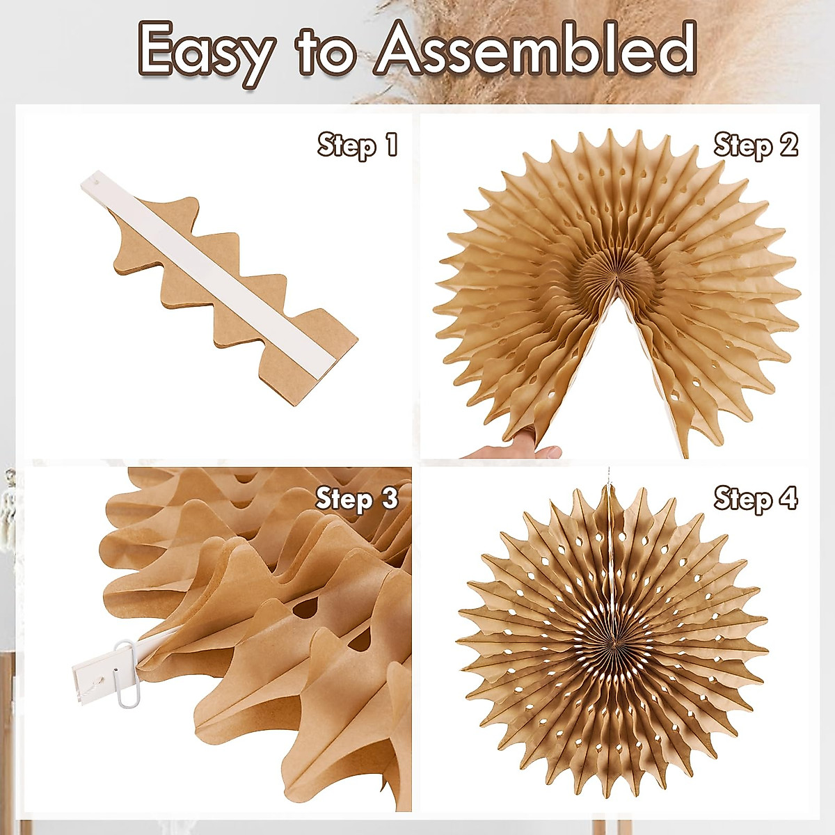 Easy Joy Boho Hanging Paper Fans White Brown Champagne Party Decorations Neutral Rustic Paper Fans Classroom Decoration for Baby Shower Birthday Wedding Bridal Party