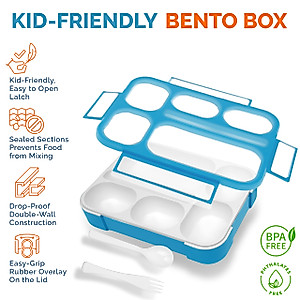 kinsho Bento Box Lunch-Box for Kids Adults | Kid Snack Lunch Containers | Leakproof School Bentobox 6 Compartment Leakproof Container for Boys Girls Womens Lunches | Utensils | Blue Set