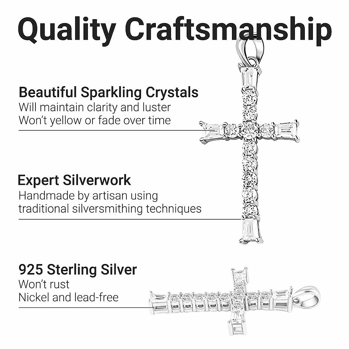 Cross Pendant in 925 Sterling Silver - Cubic Zirconia Cross Pendant for Men & Women - Prong Set - Cut CZ with Tapered Baguettes Jewelry Catholic Faith Christian Religious Birthday Gifts for