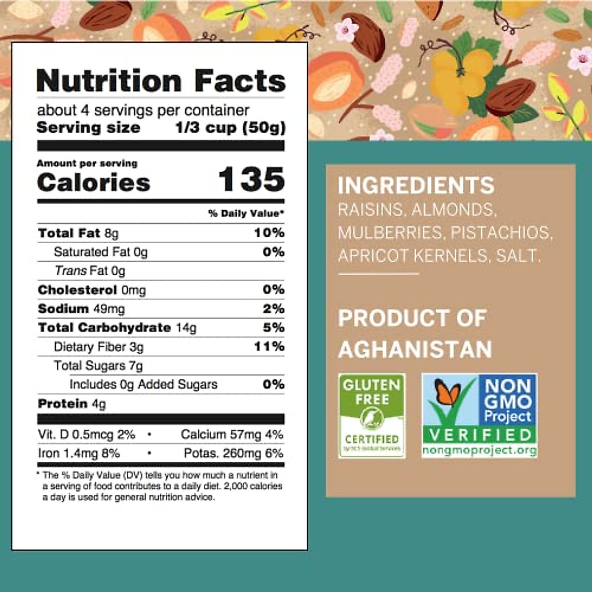 Ziba Foods Trail Mix - Sweet Apricot Kernels, Mulberries, Raisins, Almonds & Pistachios - Non-GMO, Vegan, Whole 30 Friendly & Paleo - High in Fiber, Iron & Antioxidants | Sweet & Savory Snack, 5.3 oz