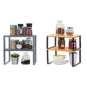 NEX Kitchen Shelf Organizer for Cabinet Counter Cupboard Pantry, Stackable & Expandable All Metal + Bamboo and Metal
