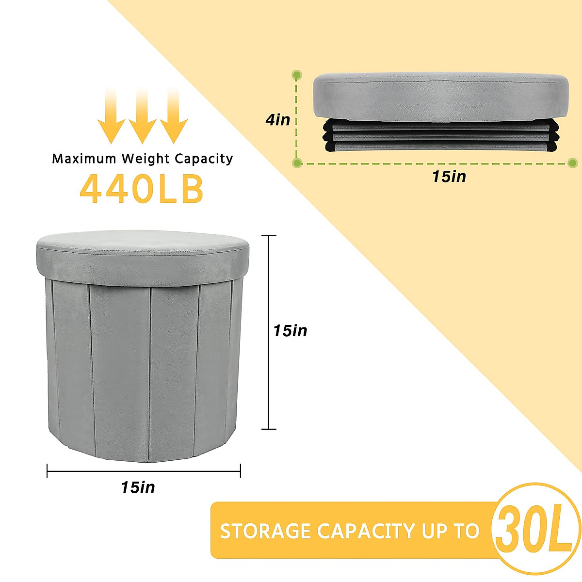 ACEHOME Round Storage Ottoman,Linen Folding Storage Ottoman with Tray,Small Footrest Stool,Coffee Table Top Cover,Toy Box Chest with Foam Padded Seat(Light Grey,2pcs)