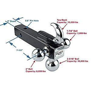 TOPTOW 64180L Trailer Receiver Hitch Triple Ball Mount with Hook, Fits for 2 inch Receiver, Chrome Balls, 2 inch Shank, with 5/8 inch Lock