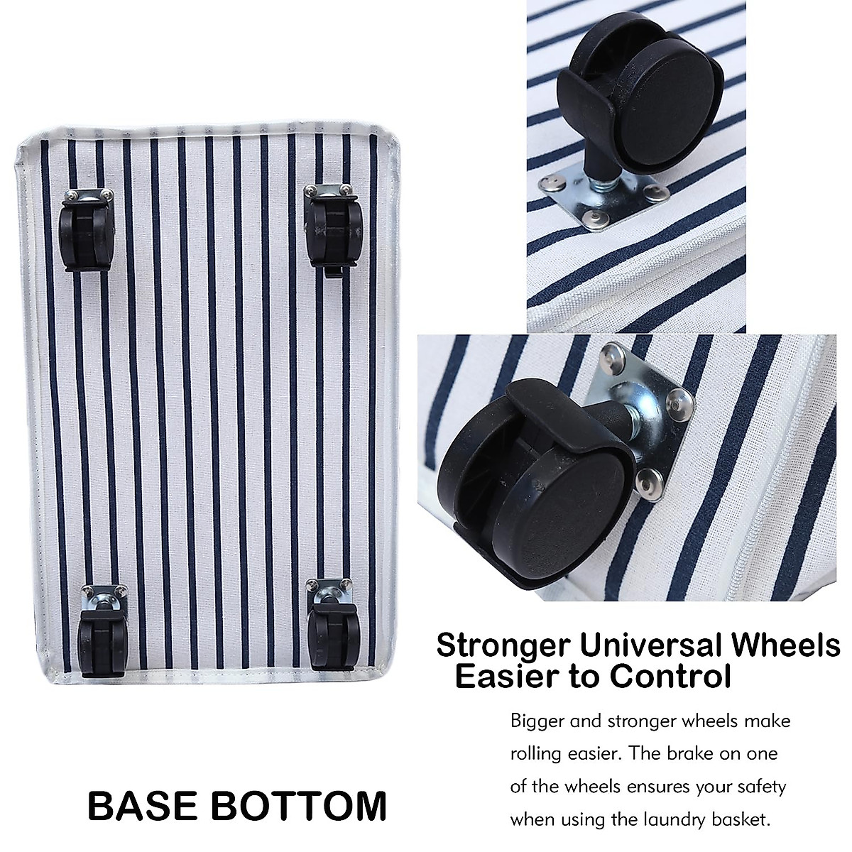 HiCharmcci Laundry Hamper, Wheeled Collapsible Clothes Hampers for Laundry, Large 82L, Dark Blue Strips, Sturdy Oxford Fabric, Mesh Closure, Portable Handle, Transparent Window