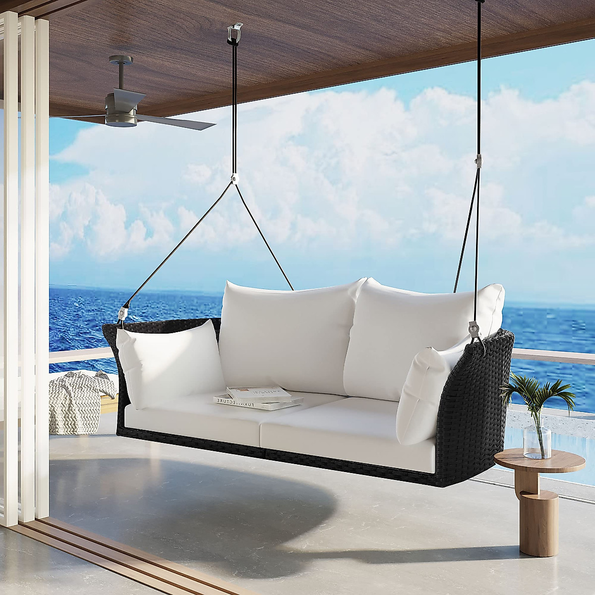 P PURLOVE 2-Seater Wicker Hanging Seat,Porch Swing Bench with Hanging Ropes,Cushion, Pillow, Rattan Swing Bench for Garden, Backyard, Pond,Black Wicker and White Cushion