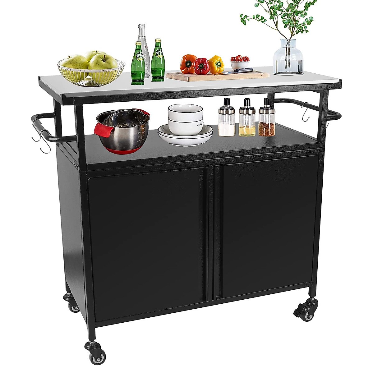Karpevta Outdoor Grilling Table with Storage, Metal Outdoor Grill Cart with Storage and Wheels,Stainless Steel Countertop Kitchen Island Cart and Storage Cabinet for BBQ,Patio,Backyard