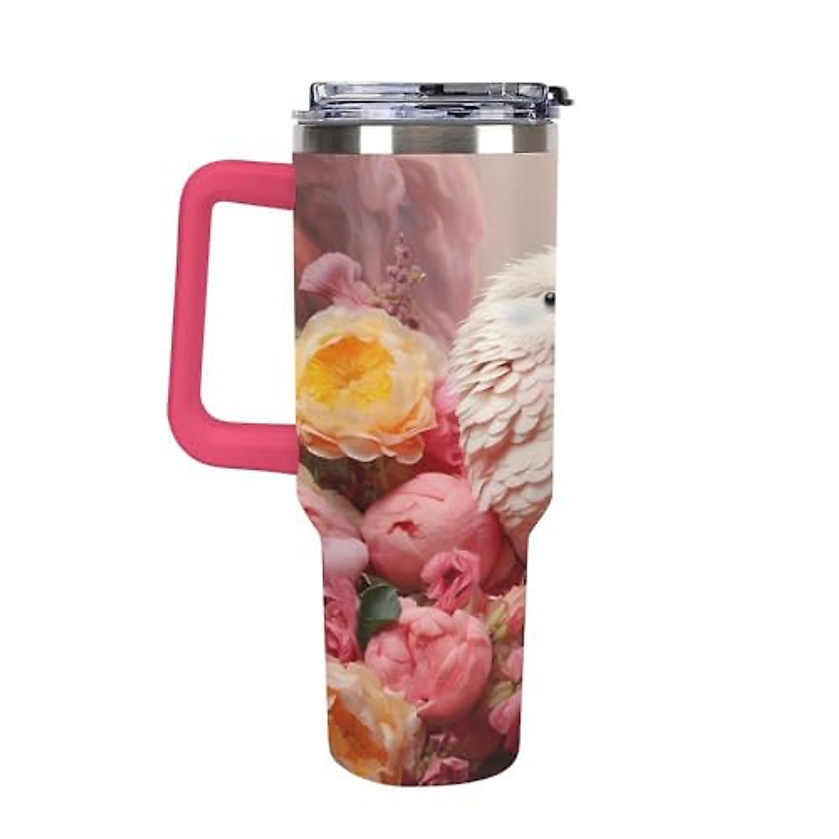 Flower Bird Peony Parrot 40 Oz Car Cup Stainless Steel Travel Mug Leak-Proof Insulated Tumbler with Handle Light Rose Red-style