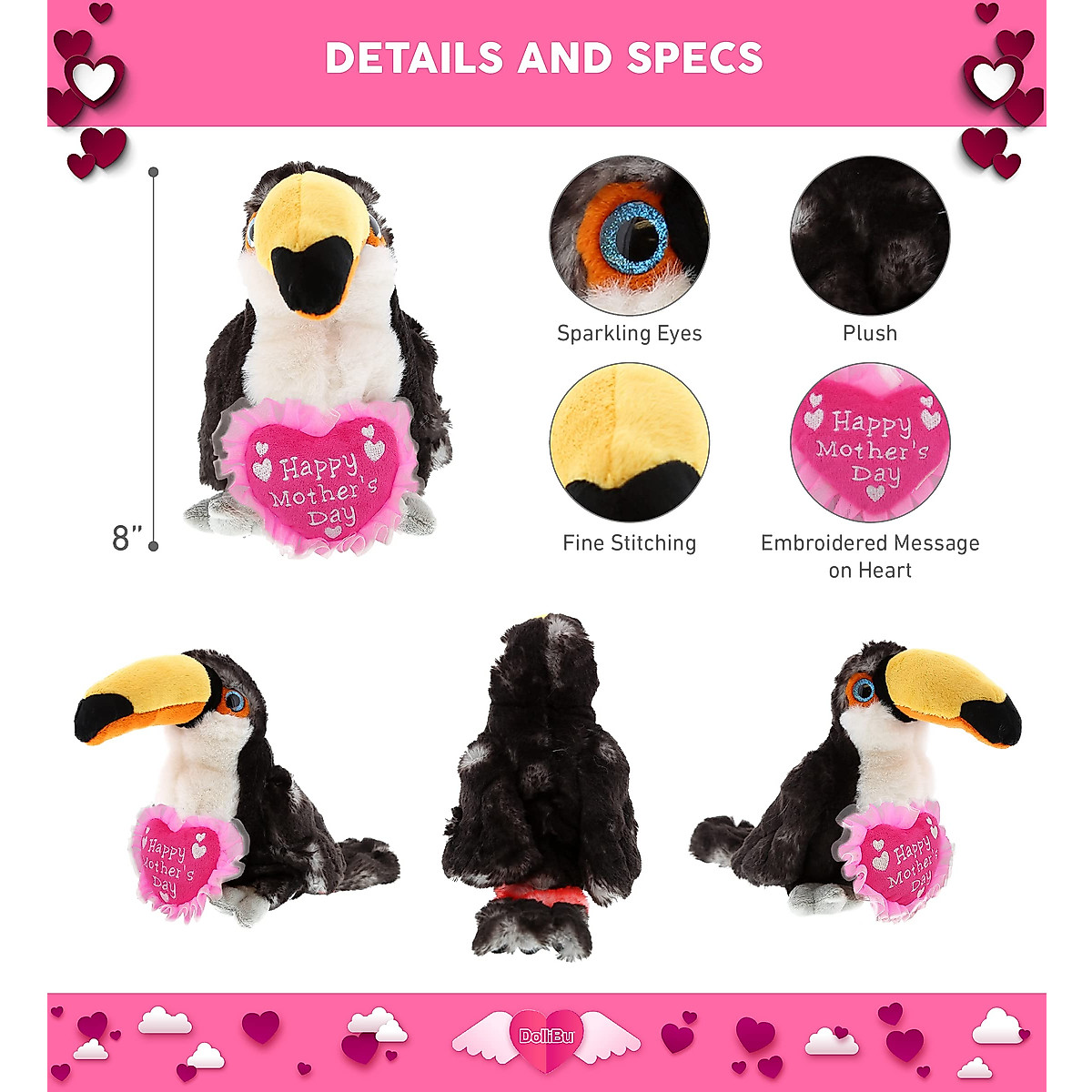 DolliBu Happy Mother's Day Super Soft Plush Toucan Doll Figure - Cute Stuffed Animal with Pink Heart Message for Best Mommy, Grandma, Wife, Daughter - 8" Inches
