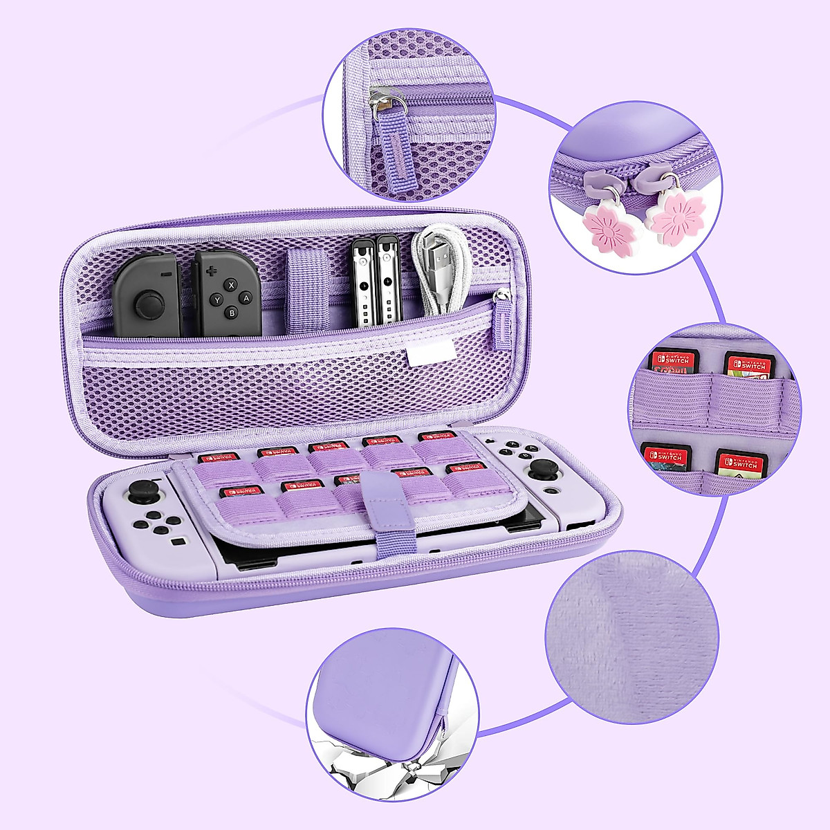 GLDRAM Purple Sakura Carrying Case for Nintendo Switch OLED Console & J-Con, 9 in 1 Accessories Bundle for Girls with Portable PU Travel Case & Silicon Switch OLED Protective Skin Cover