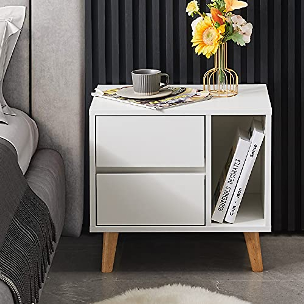 CLIPOP Set of 2 Modern Nightstand with 2 Drawers, Open Shelf, Solid Wood Legs, Wood Bedside Table with Vertical Open Storage, End Side Table for Bedroom Living Room (White)