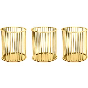 Stephanie Imports Set of 3 Metal Wire Pencil Cup or Makeup Brush Holder Organizer (Gold Bar Pattern)
