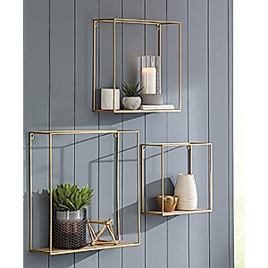 Signature Design by Ashley Efharis Shadow Box Set, 3 Piece Wall Shelf, Natural & Gold Finish