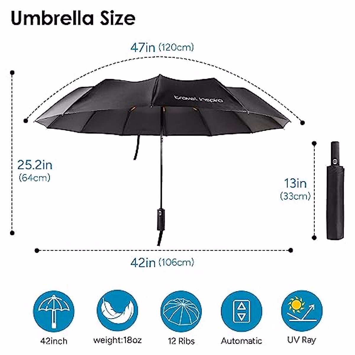 travel inspira Folding Umbrella - Travel Umbrella Compact Automatic Open Close, 12 Ribs Windproof UPF 50+ UV Protection for Rain, Snow, Sunny, Black