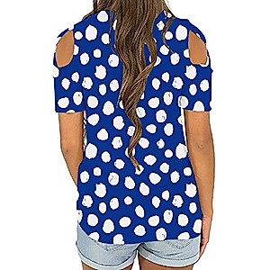 wodceeke Women's Polka Dot Print Off Shoulder T-shirt Plus Size Round Neck Tee Summer Casual Sports Tops (Blue, XL)