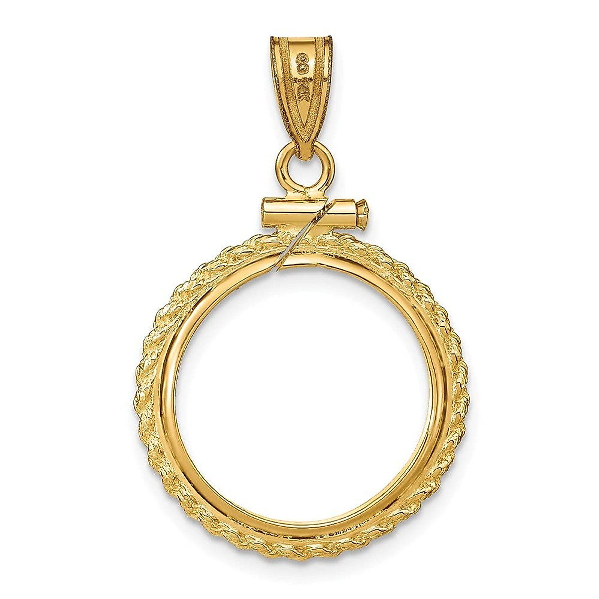 Roy Rose Jewelry Gold Coin Pendant Mounting - 16.5mm Coin Size - Casted Rope Design Frame - 14K Yellow Gold - Screw Top with Bail