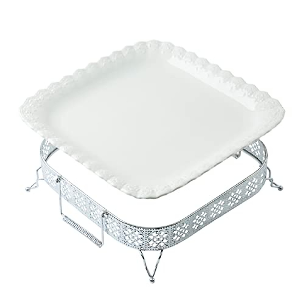 KASSEL Elegant Ceramic Serving Platter with Stand | Square Serving Trays for Entertaining Parties, Catering, and Buffet | Oven Safe Serving Tray and Dessert Display Decor Stand (Large)