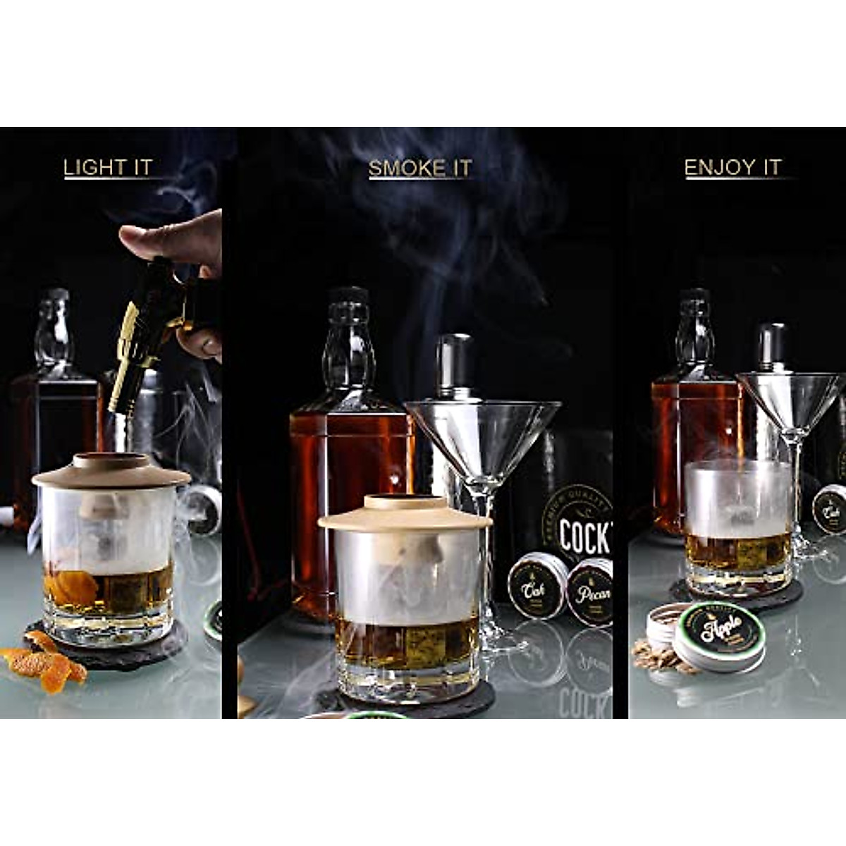 Cocktail Smoker Kit | Old Fashioned, Whiskey, Bourbon Cocktail Smoker Kit with Torch, Ice Stones, and Four Flavors of Wood Chips | Gift for Birthdays/Father's Day/Christmas. (No Butane)