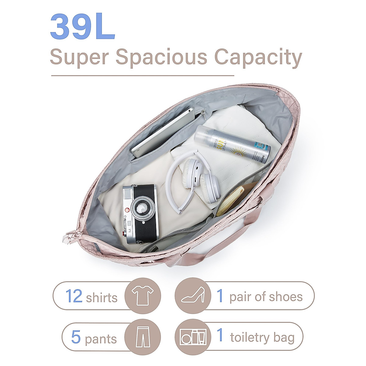 BAGSMART Weekender Overnight Bag 39L Large Travel Duffle Bag for Women, Quilted Cotton Sports Gym Bag with Shoe Compartment, Carry-on Bag with Multiple Pockets, Machine Washable(Pink)