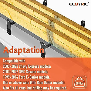 ECOTRIC Cross Bar 53"-66" Compatible with 1999-2022 Chevy Express GMC Savana Ford E Series Ladder Rack for Van Roof Rack Ladder Carrier Steel Rain Gutter Heavy Duty Black