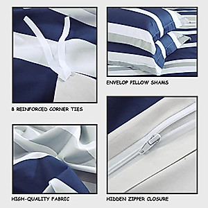 Bedduvit Striped Queen Duvet Cover - 100% Cotton Duvet Cover Queen Size,3 Piece Navy Duvet Cover Queen,Simple Modern Queen Duvet Cover with Zipper Closure & 8 Ties (90"x90", No Comforter)