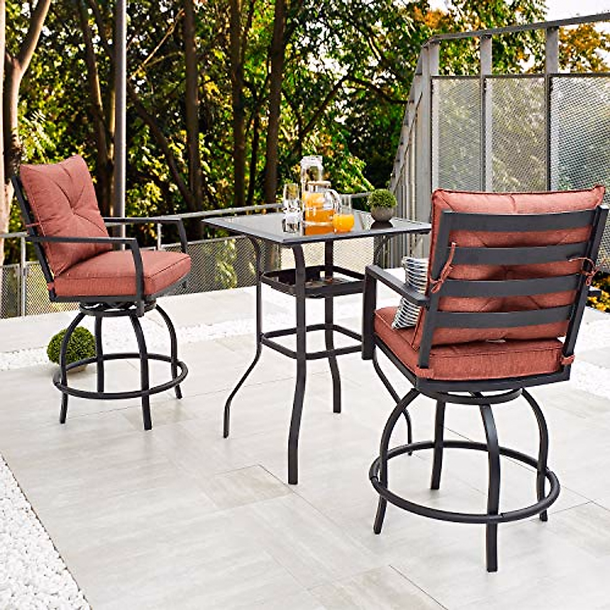 LOKATSE HOME 3 Piece Outdoor Patio Bistro Swivel Bar Sets with 2 Stools and 1 Glass Top Table, Chair, Red