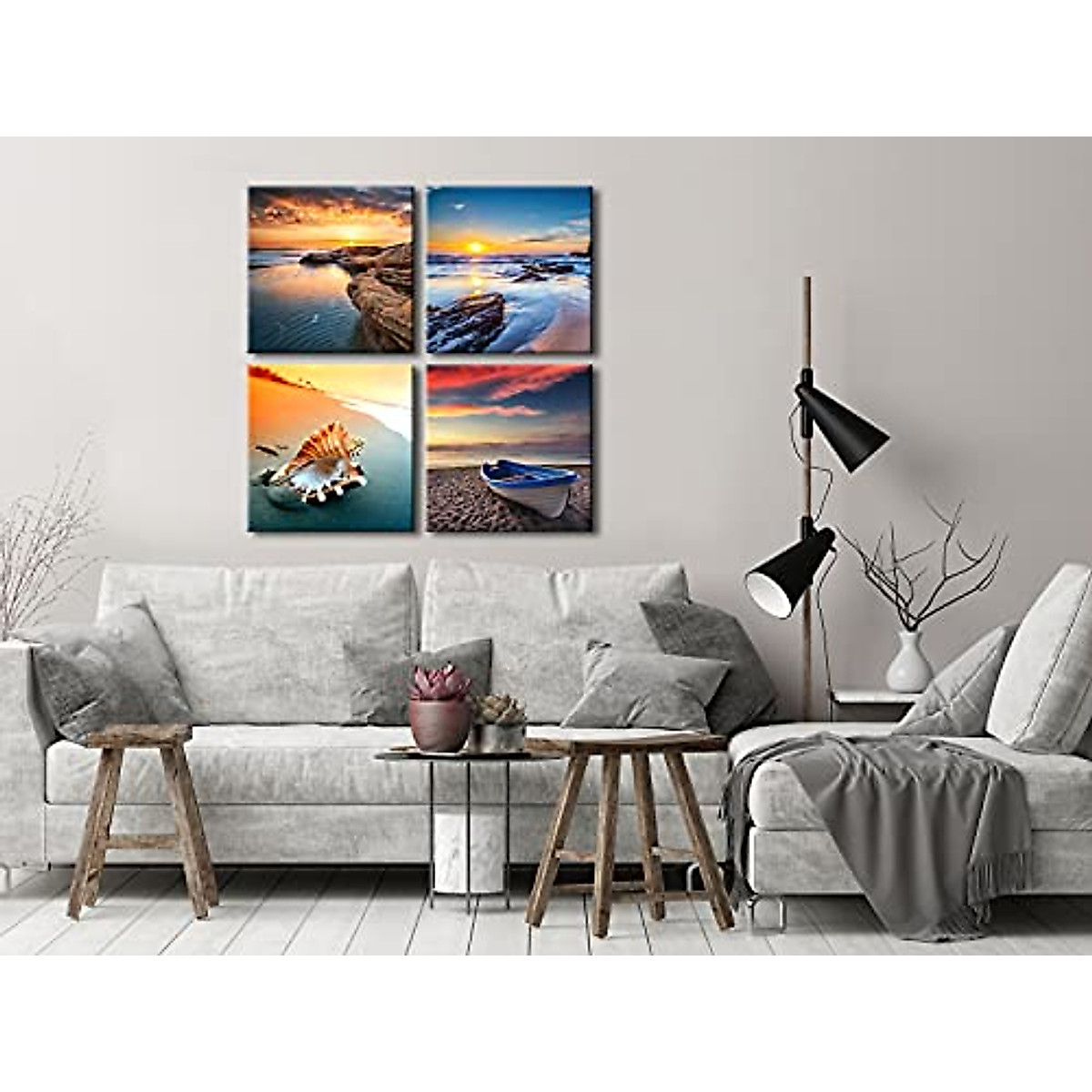 Pyradecor Sunset Sea Beach Modern Seascape Pictures Paintings on Canvas Wall Art 4 Panels Stretched Canvas Prints Artwork for Living Room Bedroom Home Office Decorations