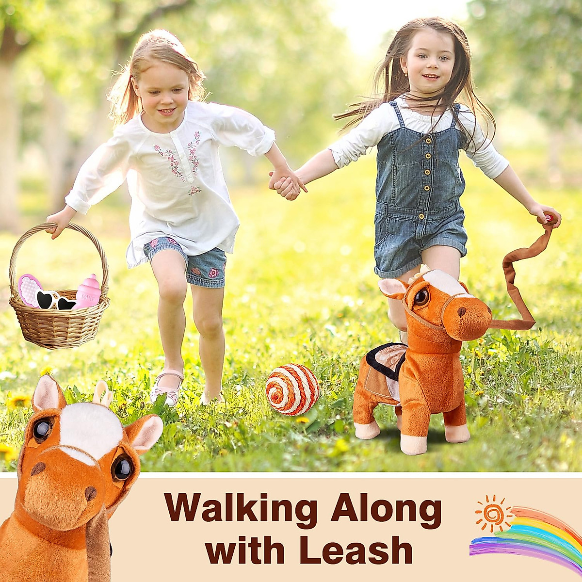 Walking Pony Toy Musical Singing Dancing Plush Interactive Pony Walk Along Horse with Leash Plush Stuffed Animal Shaking Head Buttocks Toy for Boy & Girl Kid Ages 3+ H: 11.81"