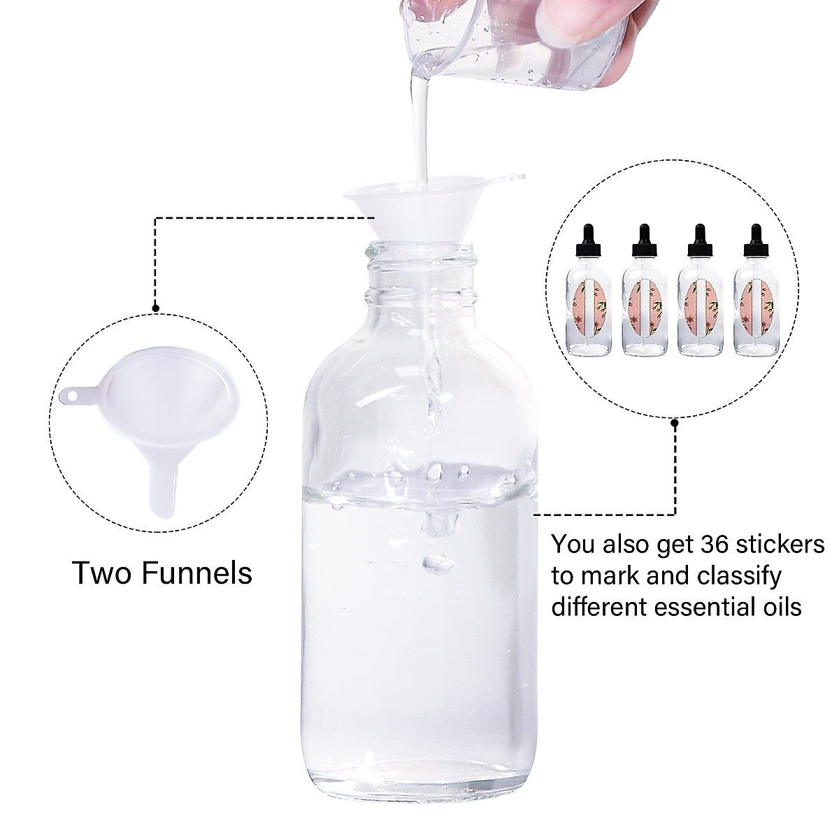 HWASHIN 24 Pack 4oz Clear Glass Bottles with Glass Eye Droppers for Essential Oils, Perfumes & Lab Chemicals (2 Brushes, 2 Funnels, 2 Extra Droppers, 36 Pieces Labels & 30ml Measuring Cup Included)