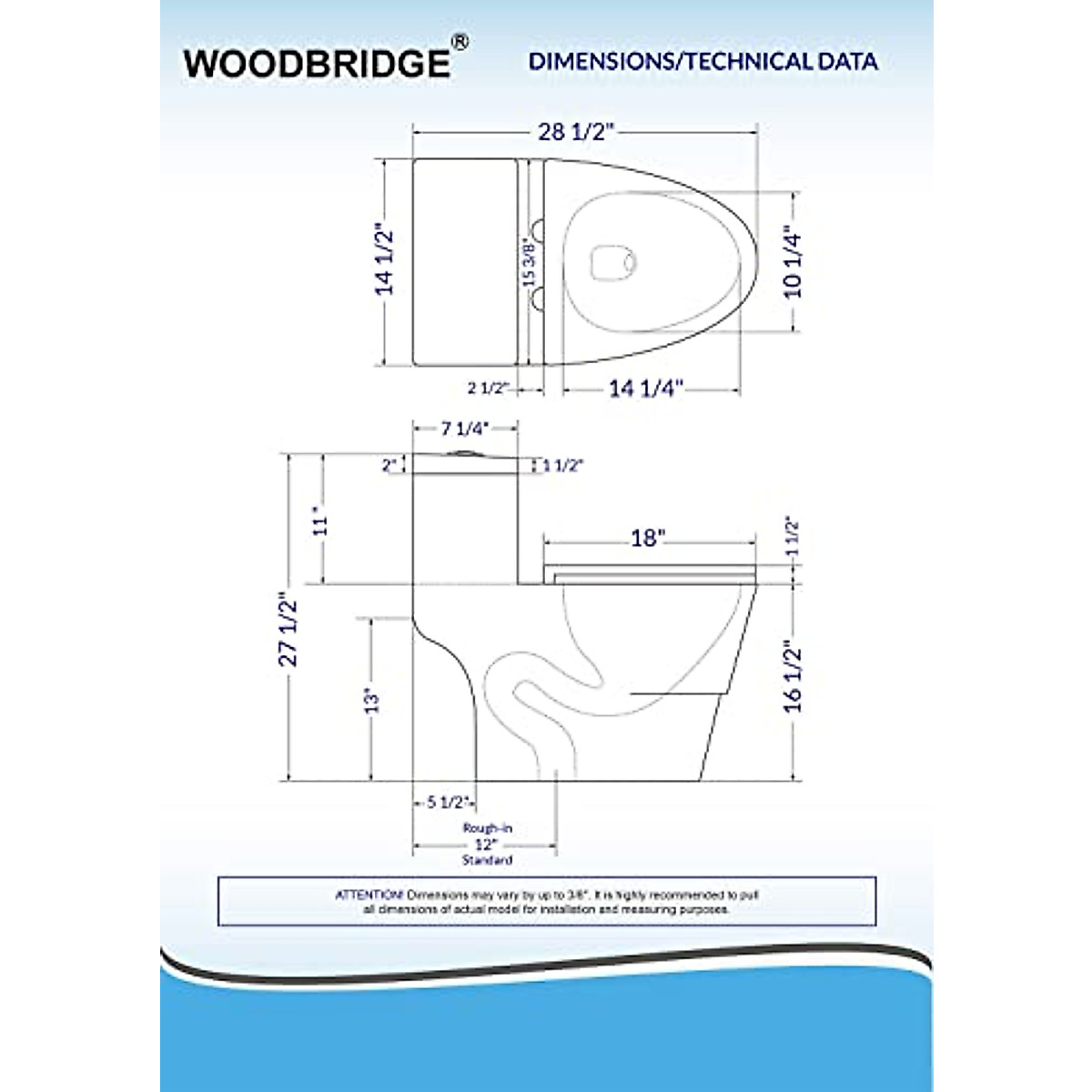WOODBRIDGEE One Piece Toilet with Soft Closing Seat, Chair Height, 1.28 GPF Dual, Water Sensed, 1000 Gram MaP Flushing Score Toilet with Chorme Button, White,B0940-F-C