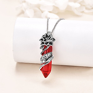 CRMAD Lotus July Flower Necklace for Women Sterling Silver Red Quartz Healing Stone Crystal Jewelry Mothers Day Birthday Gifts for Mom (07-July)