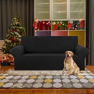 KEKUOU Stretch Loveseat Sofa Cover Slipcover,Couch Covers for 2 Cushion Couch Sofa (55"-79") Furniture Protector Sofa with Elastic Bottom for Kids,Dog. Jacquard Small Checked (Medium,Black)