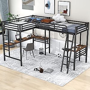 L Shaped Metal Loft Bed with Desk, Modern Style Heavy-Duty Steel Frame Twin Loft Bed with Safety Rail, Built-in Ladder for Bedroom, Dorm, Boys, Girls, Adults (Twin Size, Black)